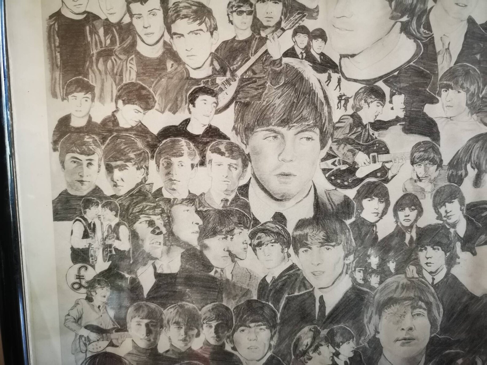 Vintage 1980s Beatles Pencil Drawing Montage, Collage Print Chris Reid ...