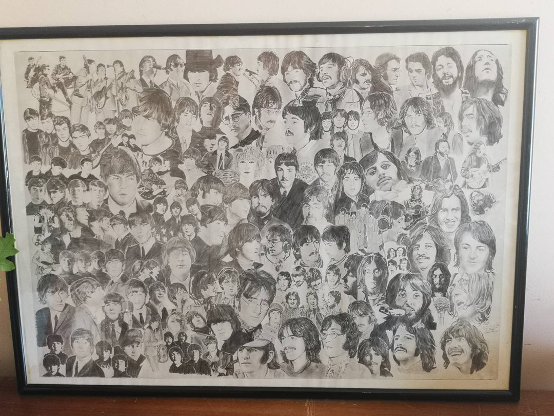 Vintage 1980s Beatles Pencil Drawing Montage, Collage Print Chris Reid ...