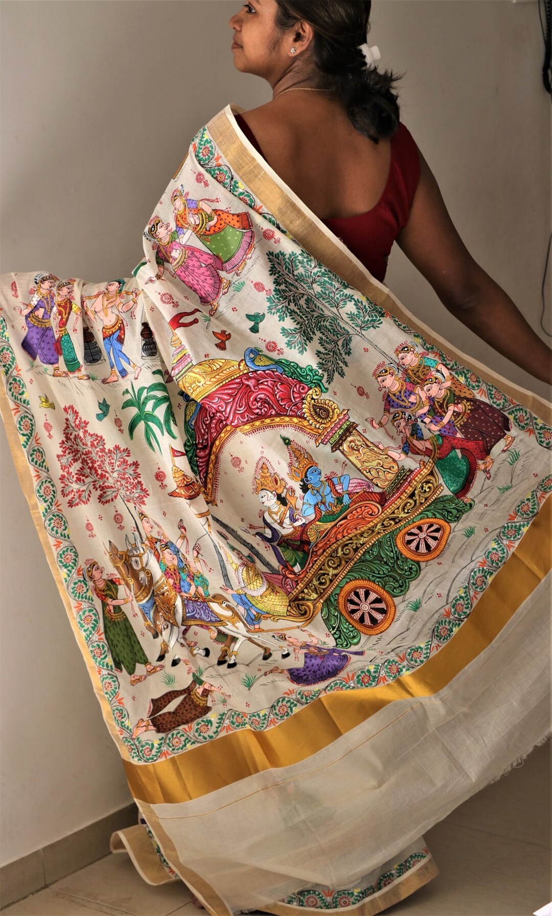 Handpainted Patachitra Saree on Kerala Cotton/ Handmade Saree/ Designer ...