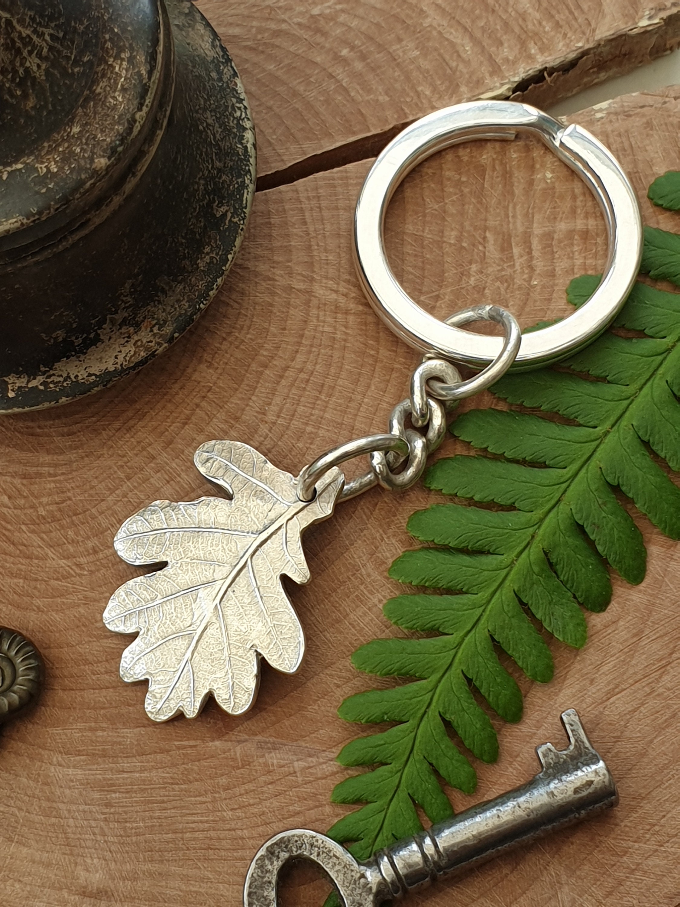 Handcrafted Sterling Silver Oak Leaf Keyring Key Ring Key Fob Key Chain ...