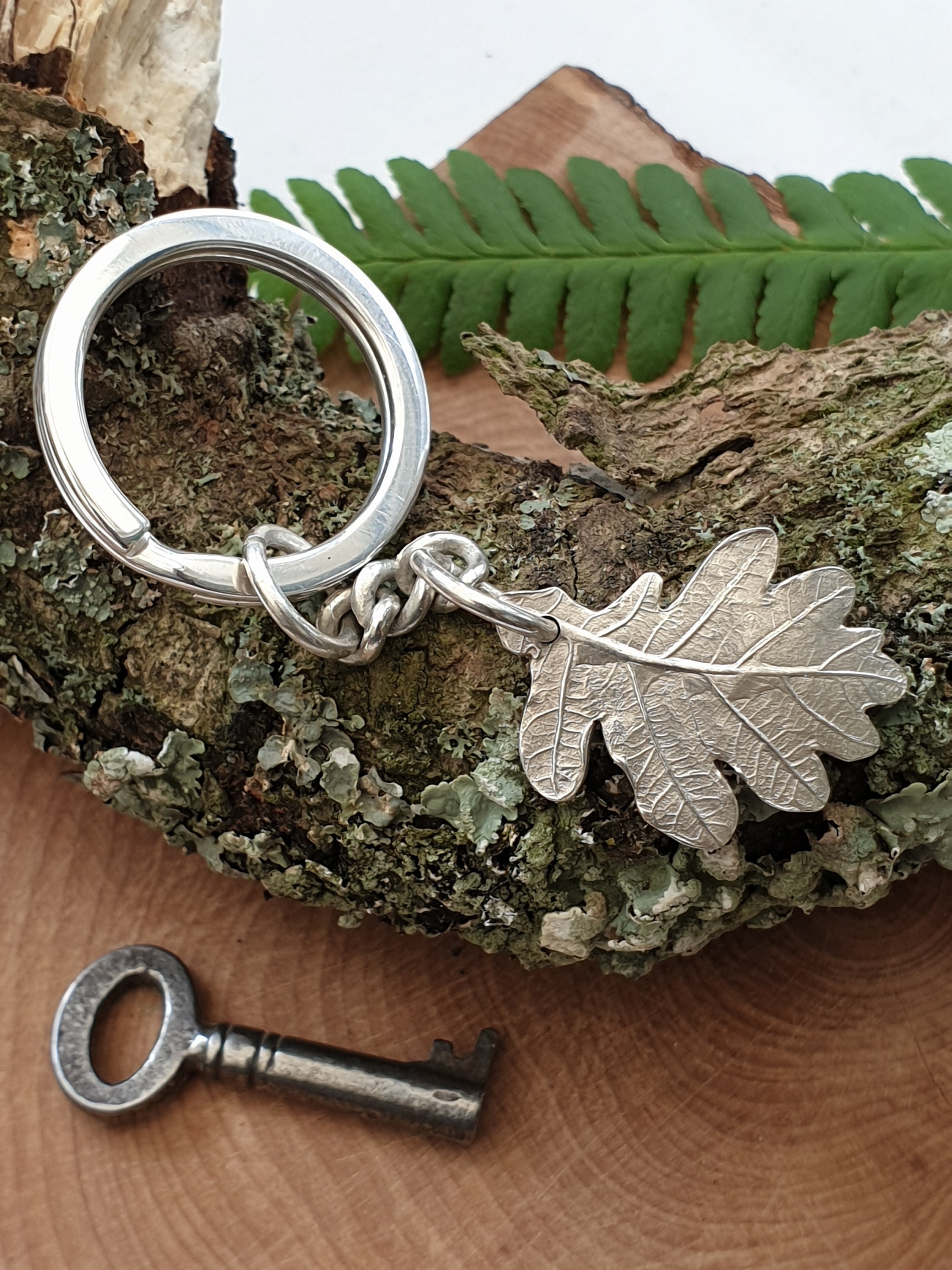 Handcrafted Sterling Silver Oak Leaf Keyring Key Ring Key Fob Key Chain ...
