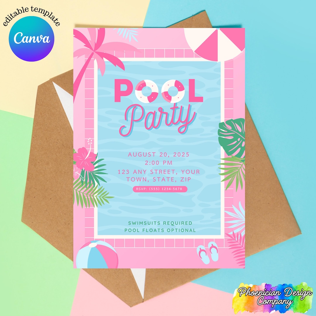 Pink Pool Party Digital Editable Canva Invitation Template | Summer ...