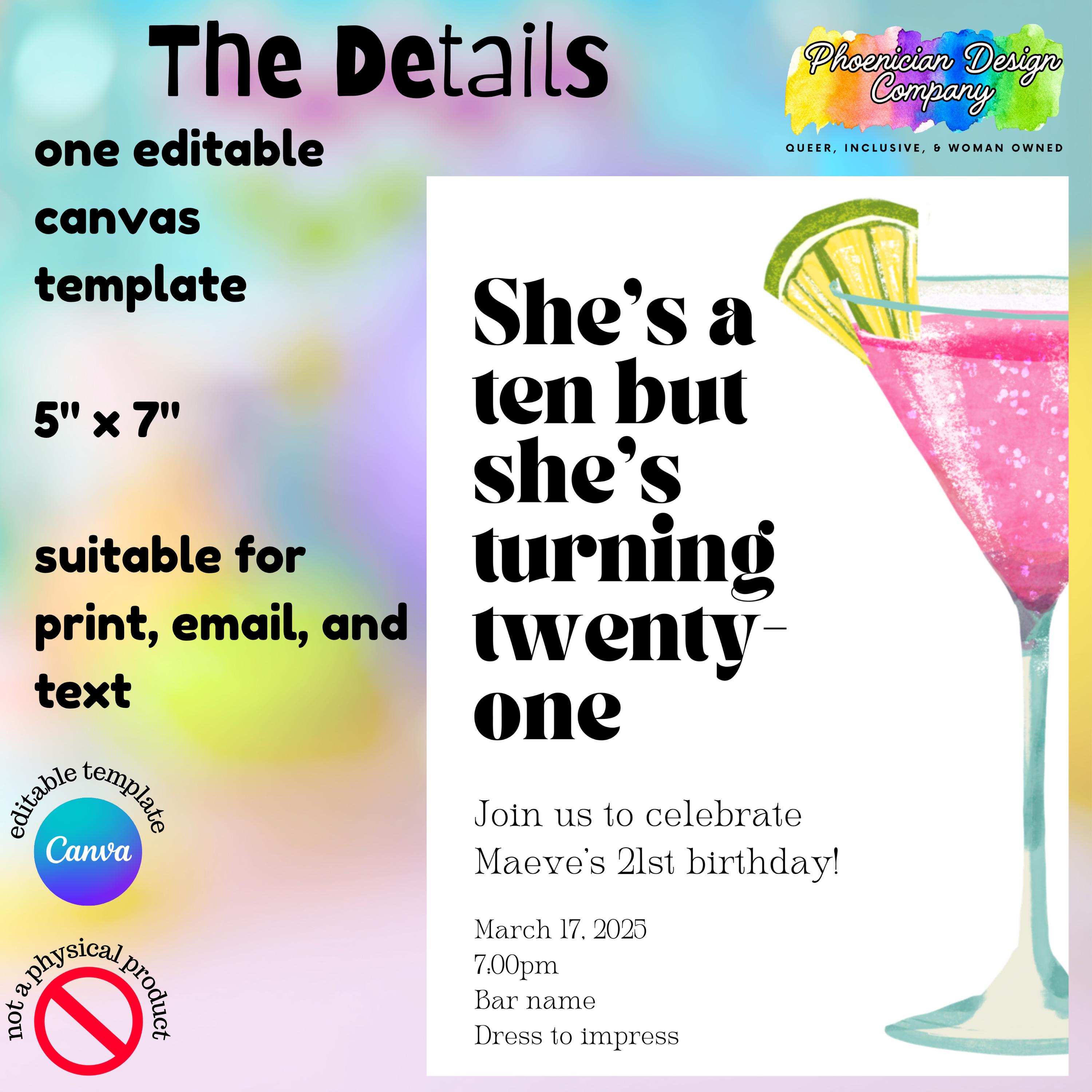 21st Birthday Digital Editable Canva Invitation Template | She's A Ten ...