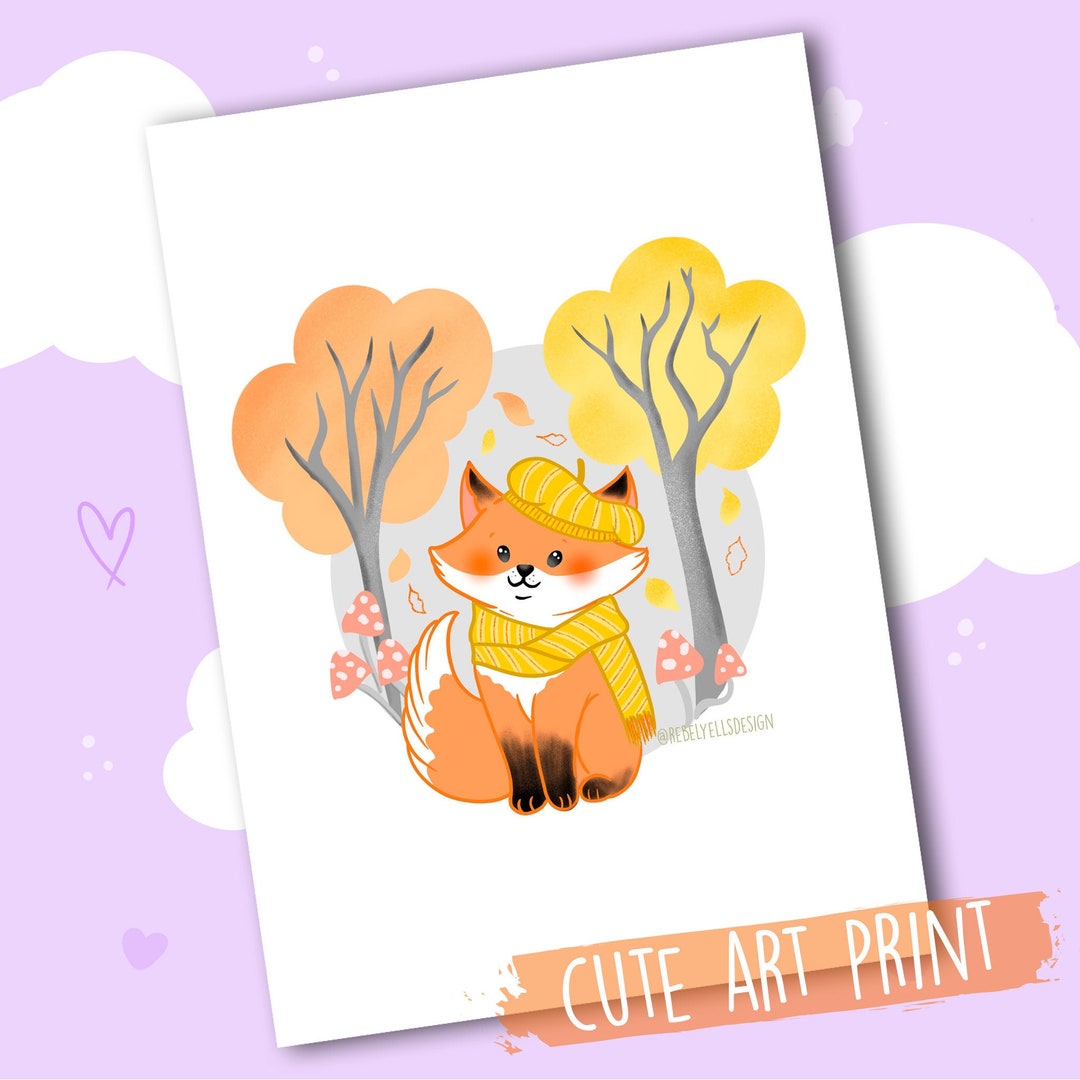 Cute Fall Fox With Forest - Kawaii Fox Print - Textured Paper With ...