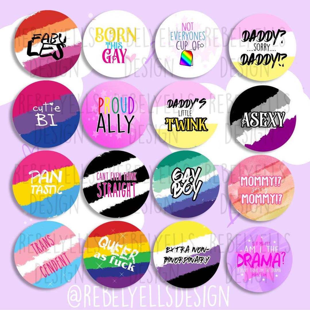 LGBTQI+ Pride Buttons - Lesbi Gay Bi Trans Queer Inter Twink Daddy ...