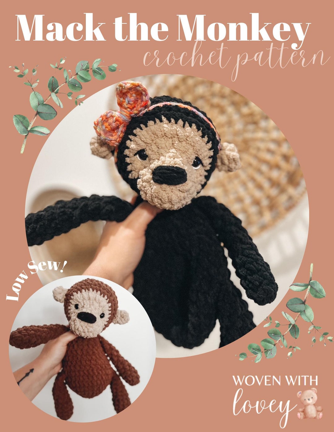 Mack the Monkey Crochet PATTERN | Low Sew Pattern | Crochet Pattern - Etsy