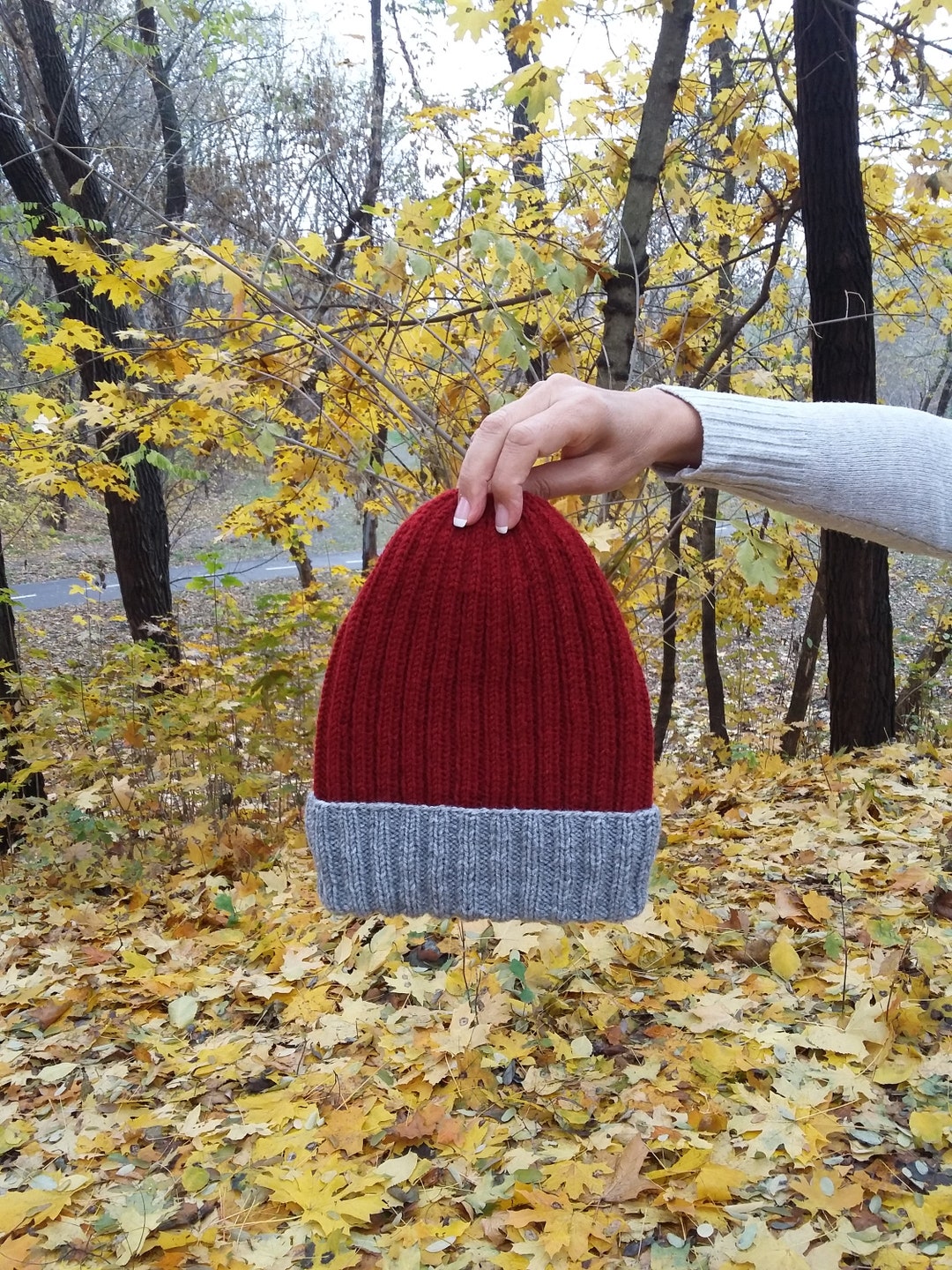 Dark Red Wool Hat Women - Ribbed Knit Hat With Lapel - Seamless Hat ...