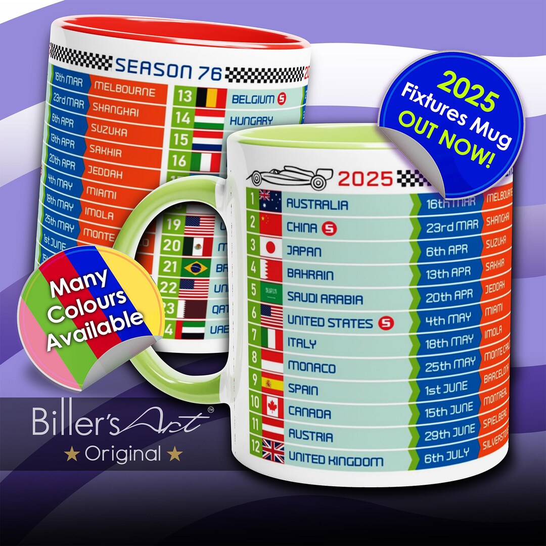 Formula 1 FIXTURES 2025 Mug Formula 1 Schedules Calendar 2024 Seasons ...