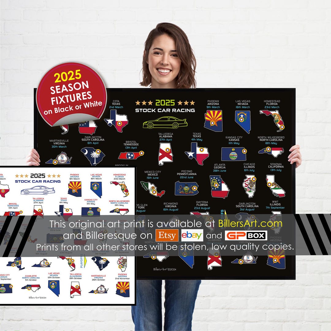 NASCAR 2025 Detailed Season Fixtures Landscape Wall Calendar With US ...