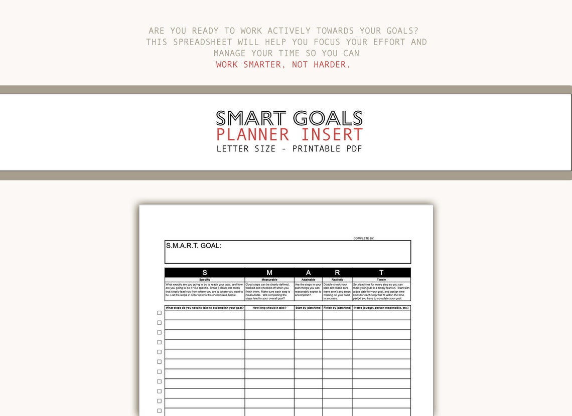 SMART GOALS Planner Insert Productivity Trackers and Checklists ...