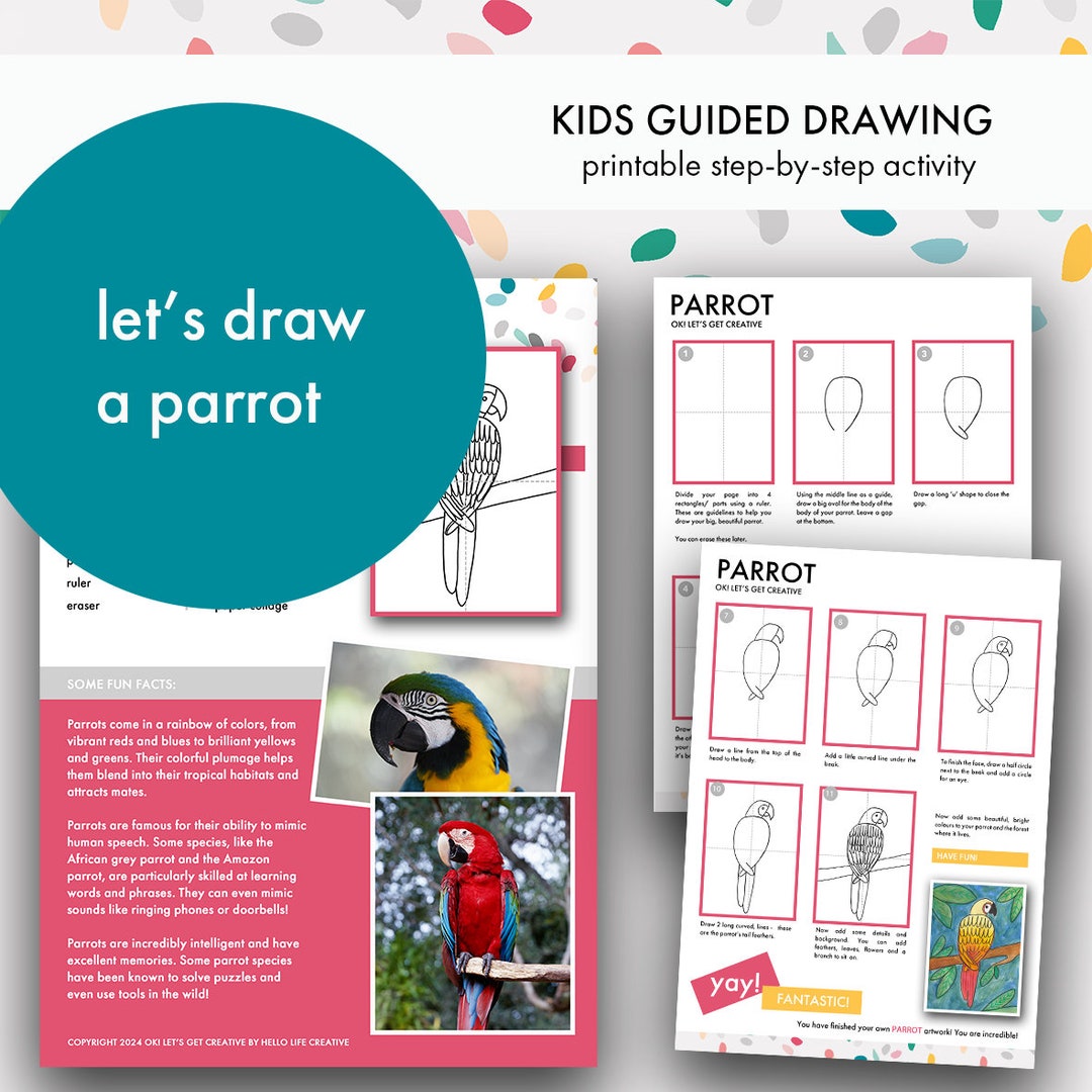 Parrot Kids Activity Step-by-step Drawing Art Lesson Instant Digital ...