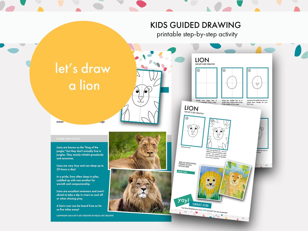 LION Kids Activity Step-by-step Drawing Art Lesson Instant Digital ...