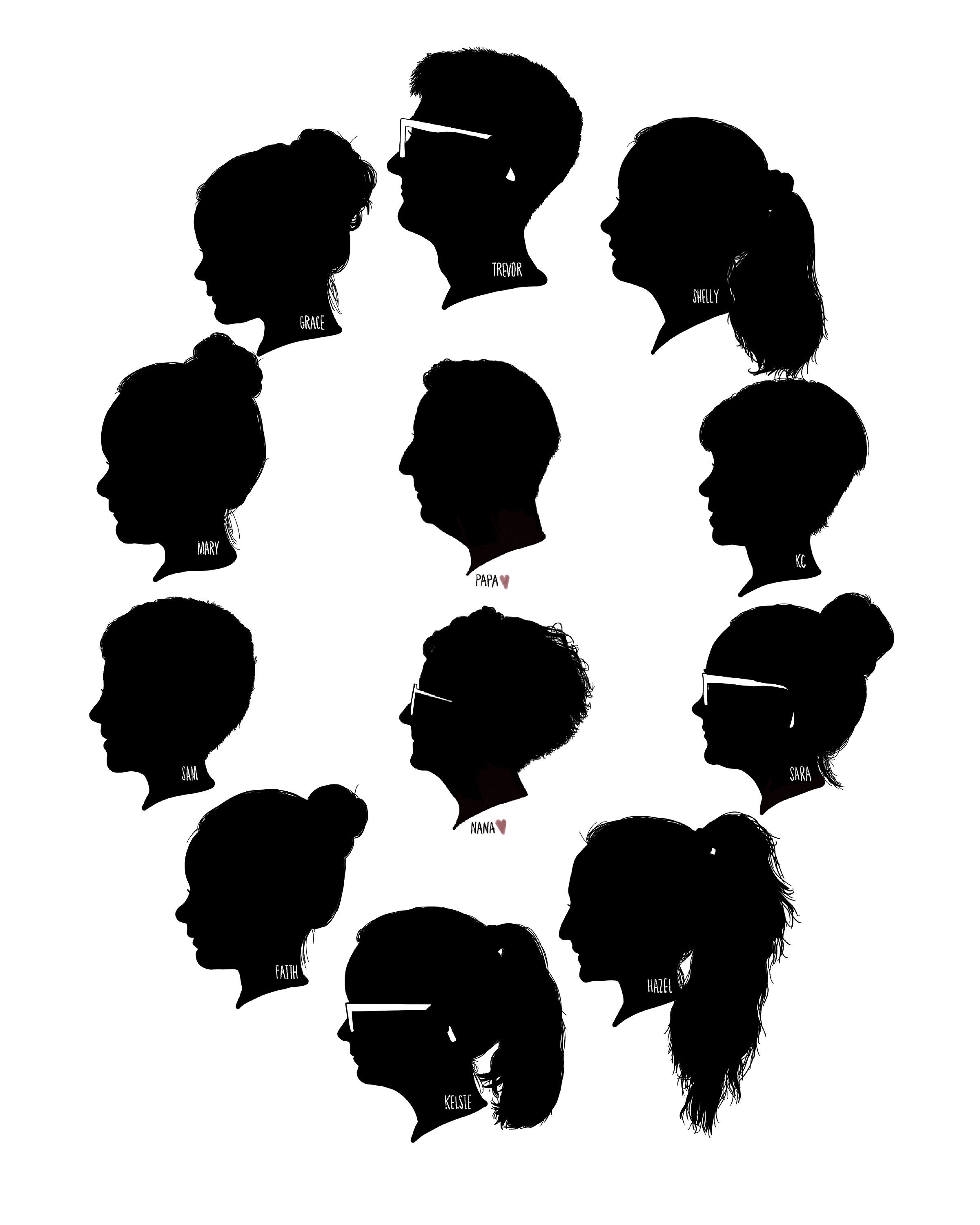 12 Silhouette Subjects, Twelve in One Print, PRINTABLE, Custom Hand ...