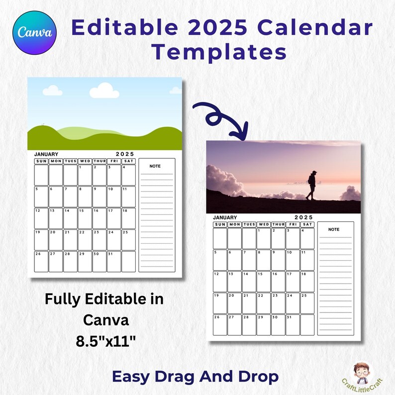 Editable 2025 Calendar Templates Canva,printable and Digital Monthly ...