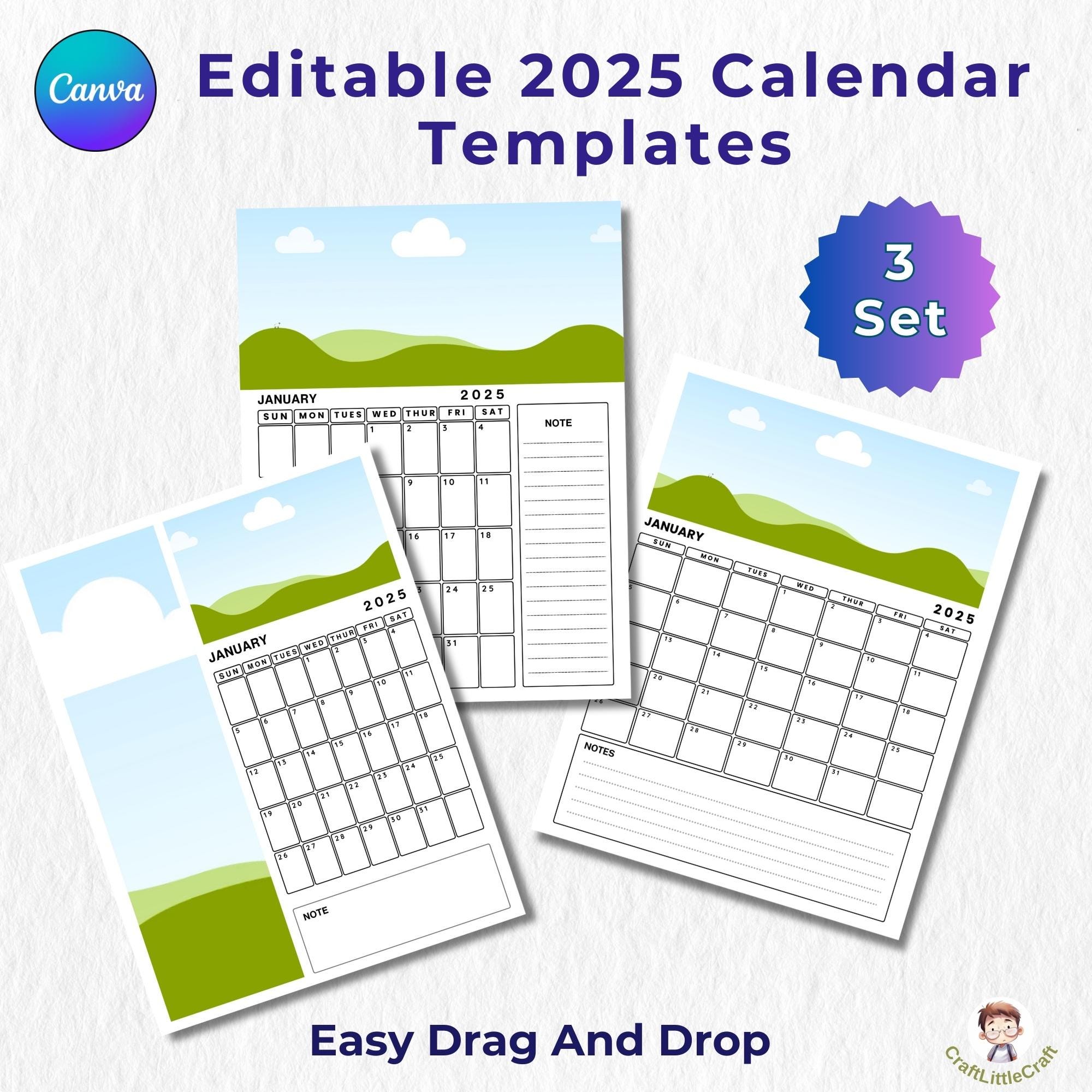Editable 2025 Calendar Templates Canva,printable and Digital Monthly ...