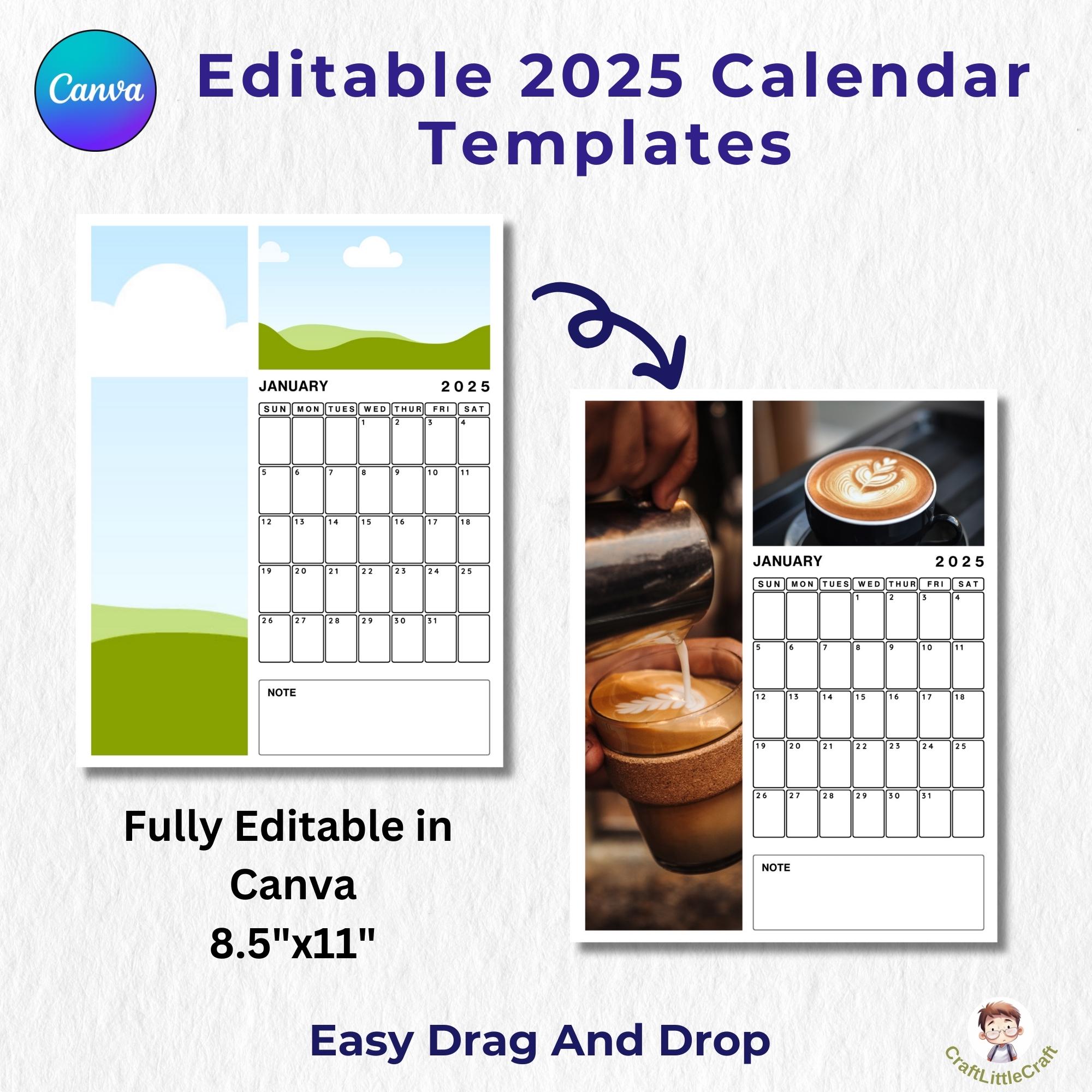 Editable 2025 Calendar Templates Canva,printable and Digital Monthly ...