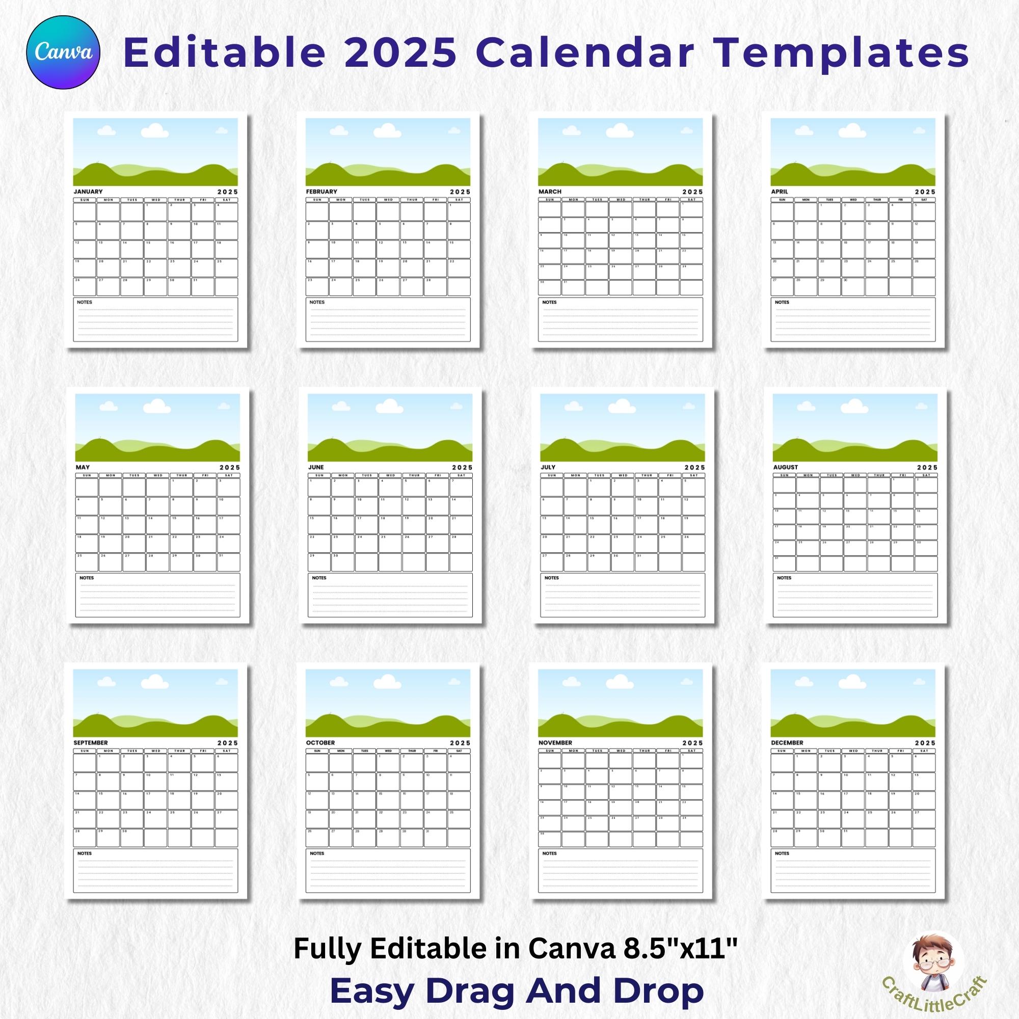 Editable 2025 Calendar Templates Canva,printable and Digital Monthly ...