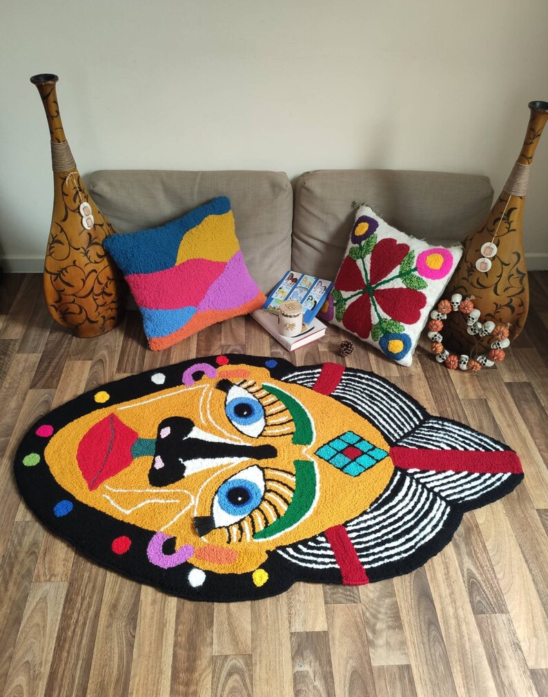 Handmade Tufted Tribal Mask Rug, Fiber Art,hand Hooked Rug, Punch ...