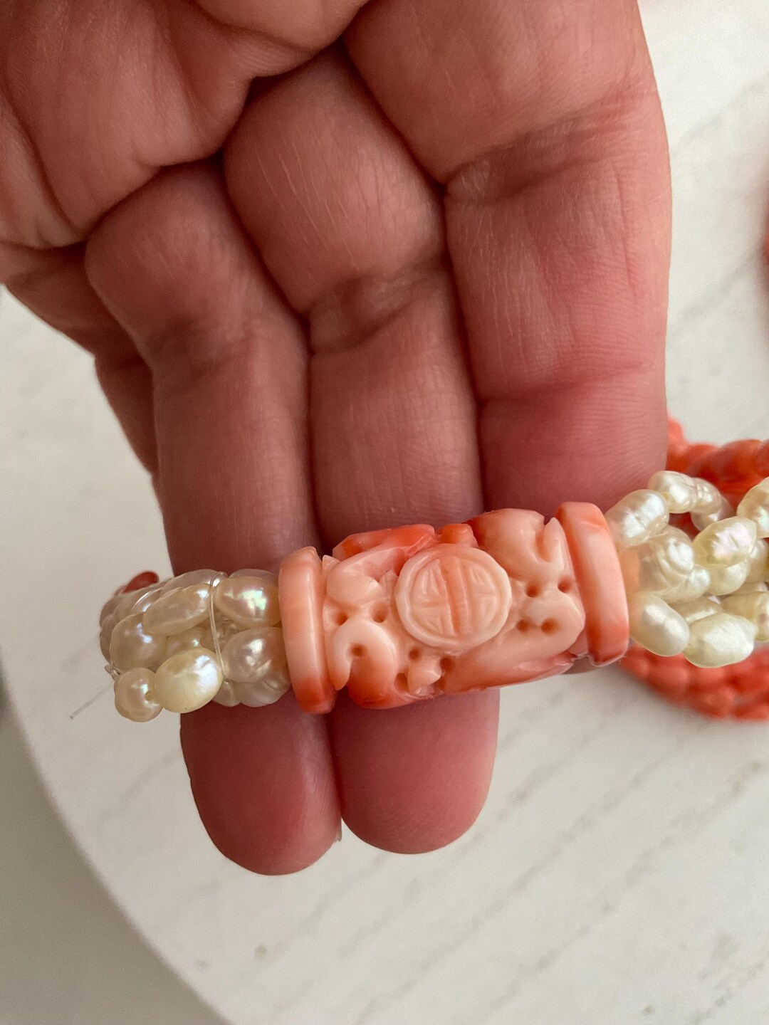 Vintage Chinese Salmon Coral Necklace With 14kt Beads Carved Coral ...