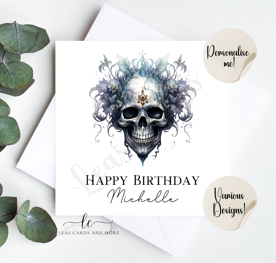 VARIOUS SKULL DESIGNS Handmade Skull Wreath Happy Birthday Card, Skull ...