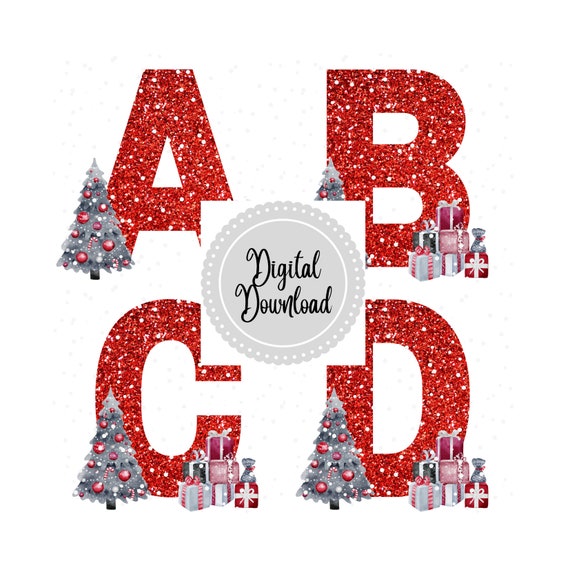 Red Glitter Christmas Tree & Presents Alphabet Clipart | Etsy