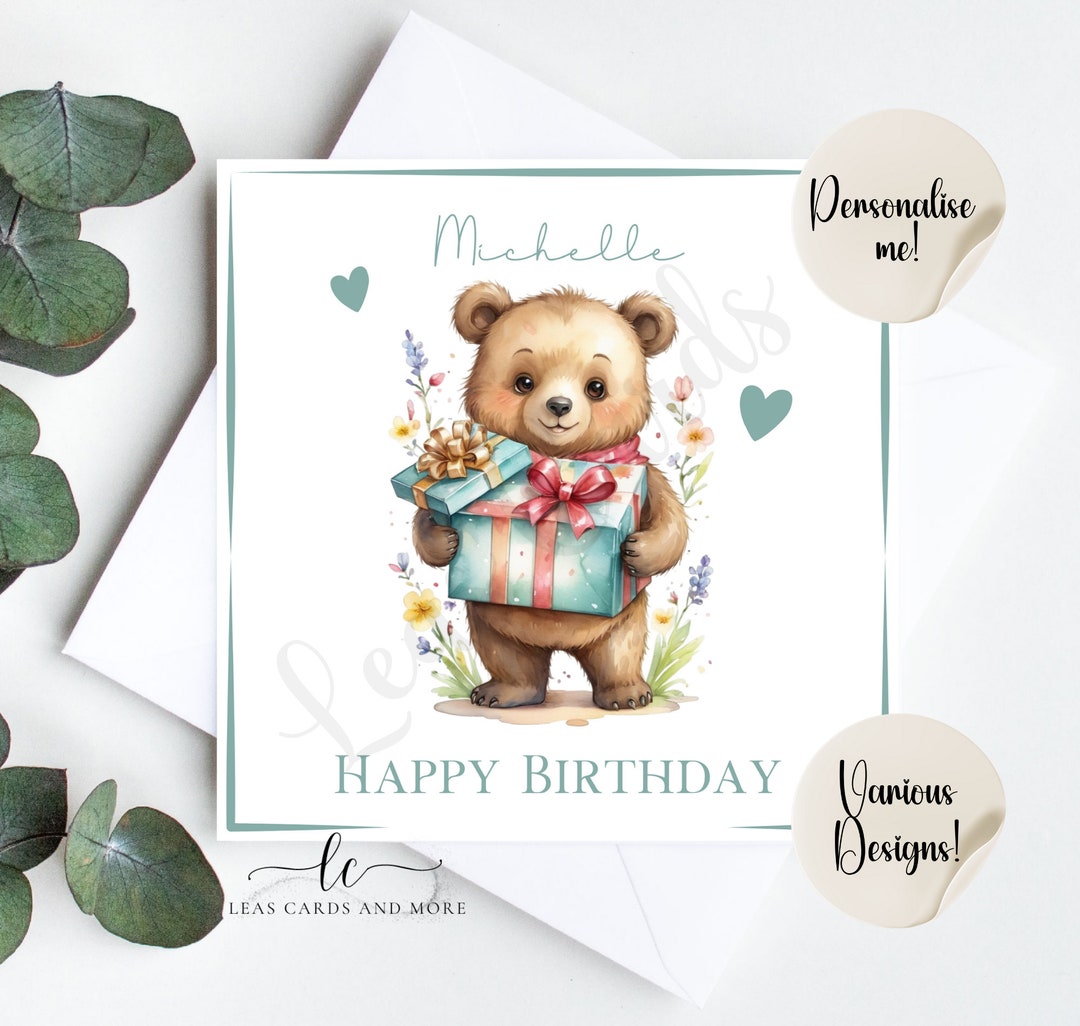 VARIOUS DESIGNS Handmade Teddy Bear Happy Birthday Card, Personalisable ...