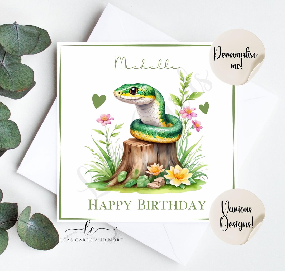 Handmade Snake Theme Happy Birthday Card, Personalisable Birthday Card ...
