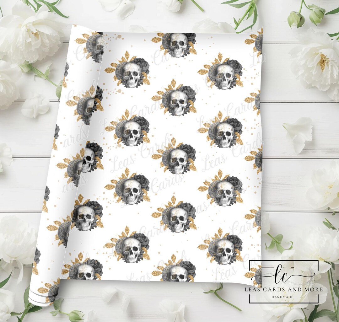 Handmade Black & Gold Floral Skull A3 Size Gift Wrap, Skull Wrapping ...
