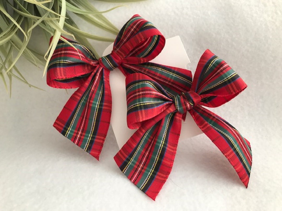 Red Taffeta Tartan Plaid Pigtail Hair Bow Set, Baby Hair Bows, Toddler ...