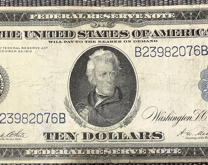 Rare Series of 1914 Ten (10) Dollar Blue Seal Federal Reserve Bank of ...