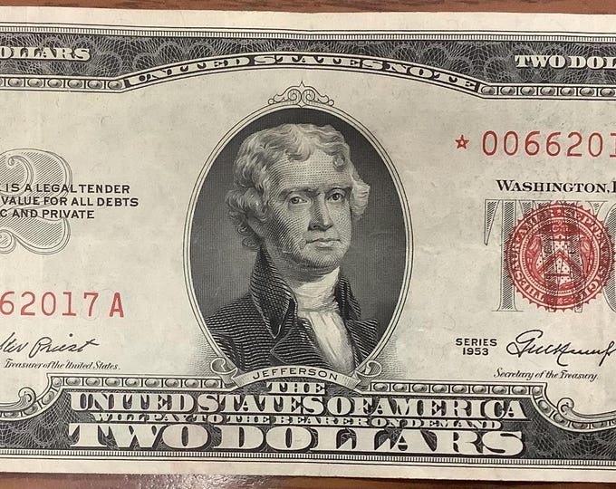 Series of 1953 Star Replacement Note Two (2) Dollar Red Seal United ...