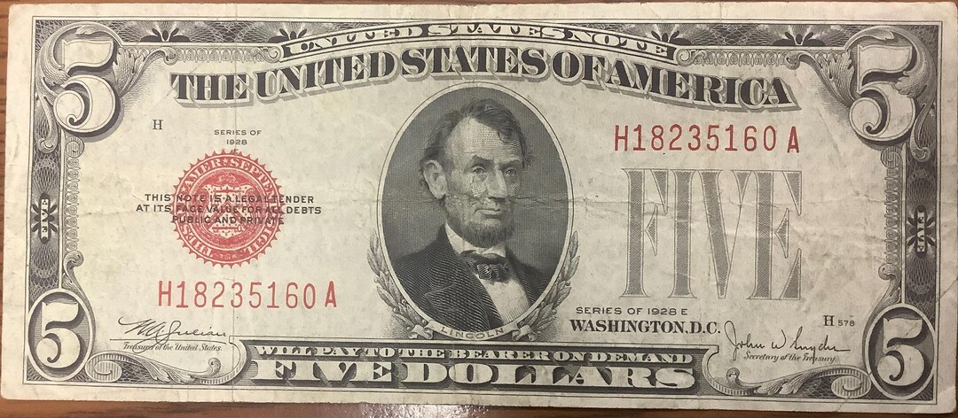 Red Seal Series 1928 E Five (5) Dollar United States Note in Better ...