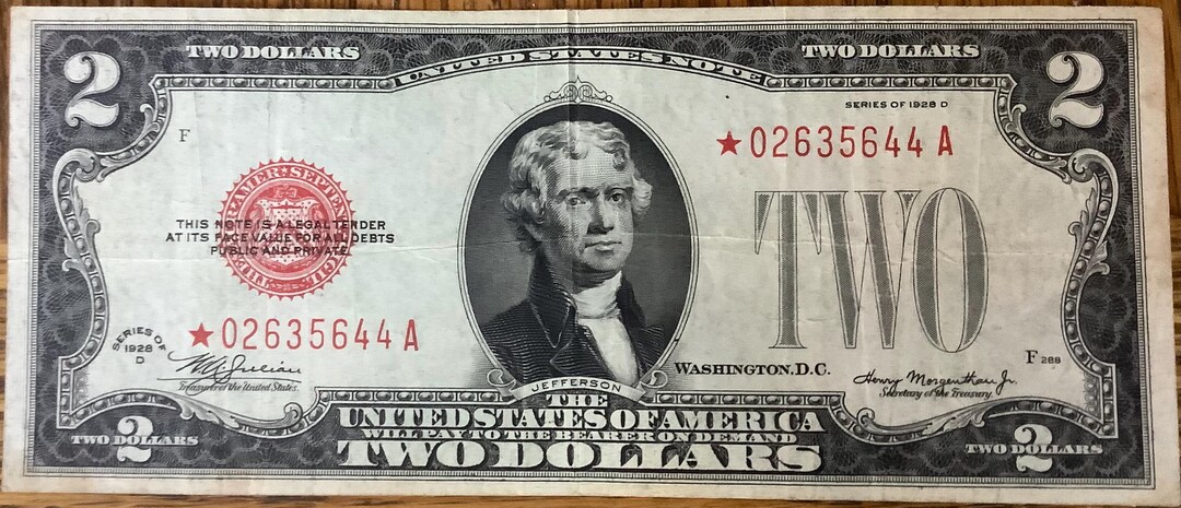 Series of 1928 D Star Replacement Note Two (2) Dollar Red Seal United ...