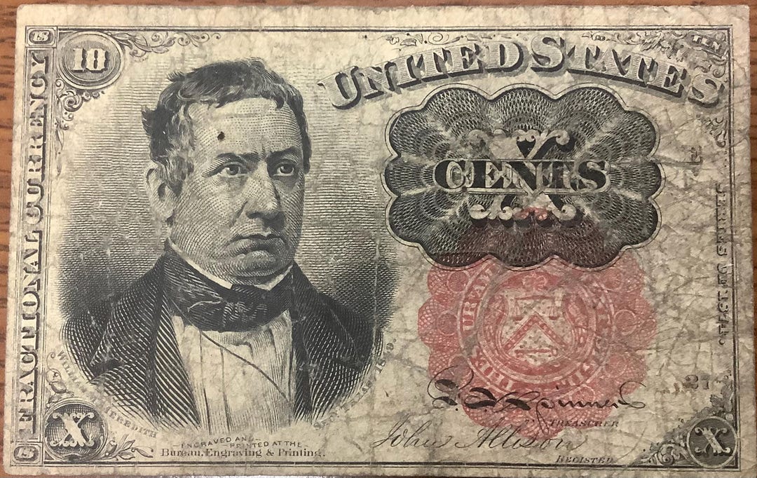 1874 United States Fifth Series 10 Cents Fractional Currency Note 1874 ...