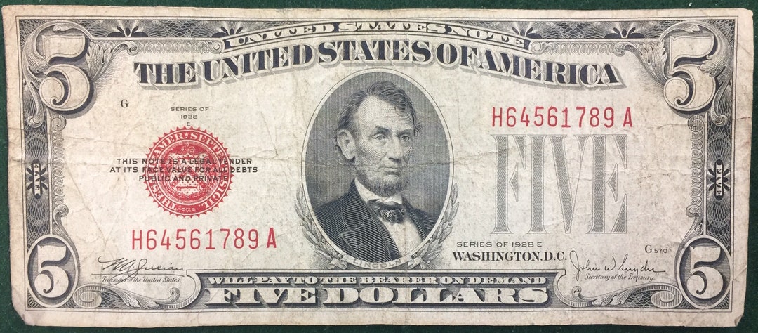 Red Seal Series 1928 A Five (5) Dollar United States Note in Circulated ...