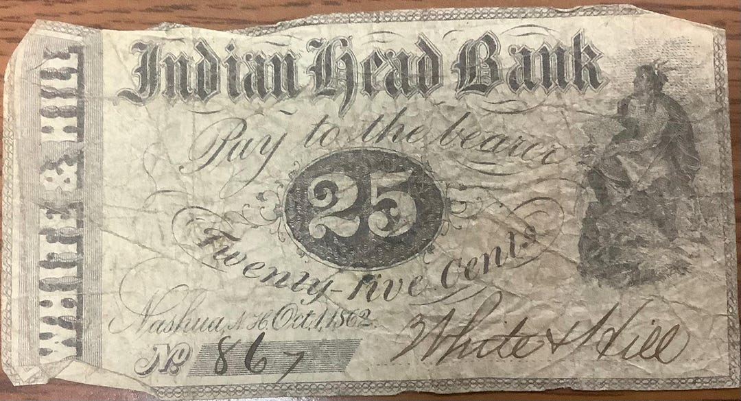 Civil War Era Indian Head Bank Nashua, NH White & Hill October 1, 1862 ...
