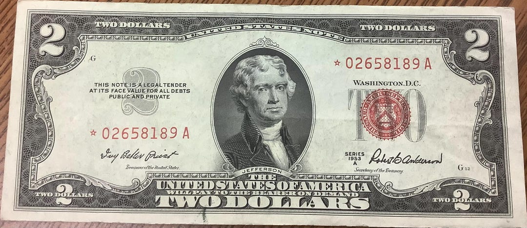 Series of 1953 A Star Replacement Note Two (2) Dollar Red Seal United ...