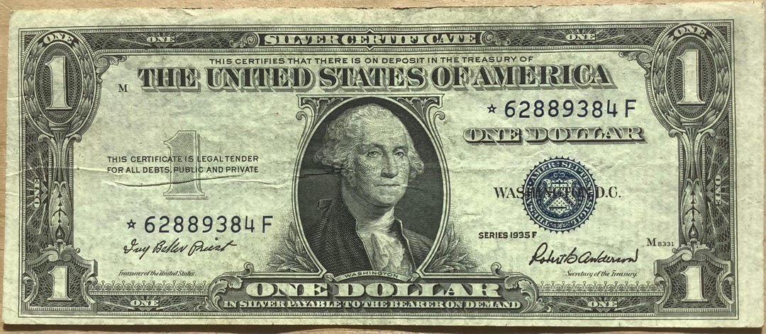 Series of 1935 F Star Replacement Note One Dollar Blue Seal Silver ...