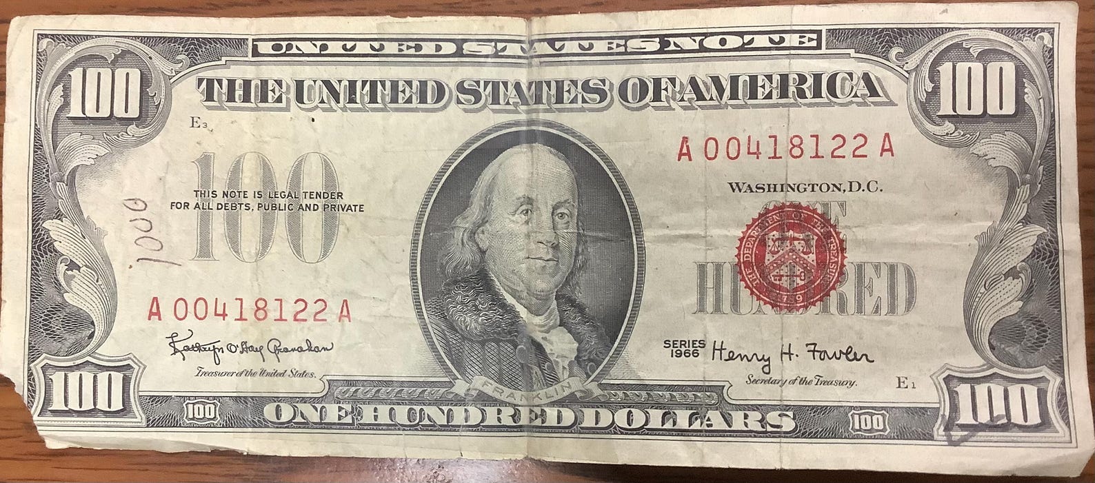 Red Seal Series 1966 A One Hundred (100) Dollar United States Note in ...