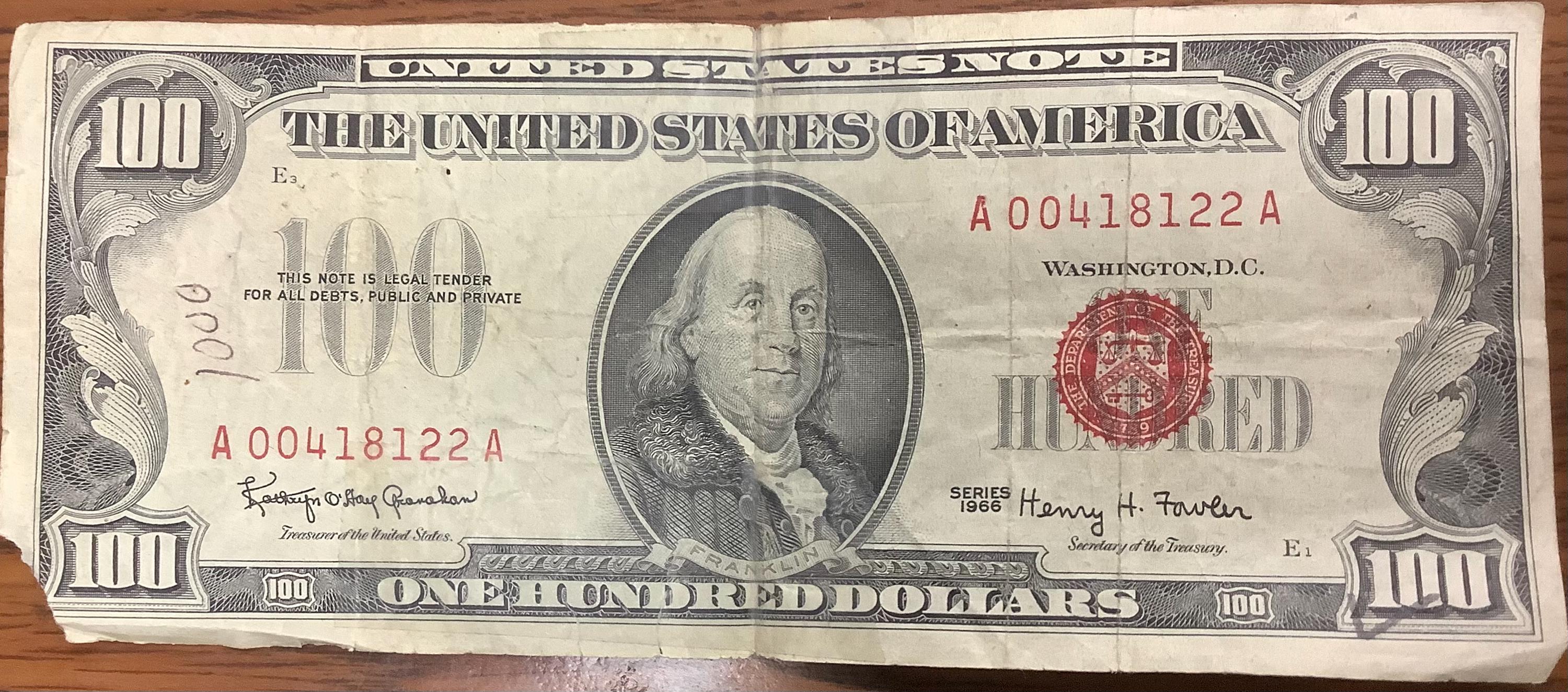 Red Seal Series 1966 A One Hundred (100) Dollar United States Note in ...