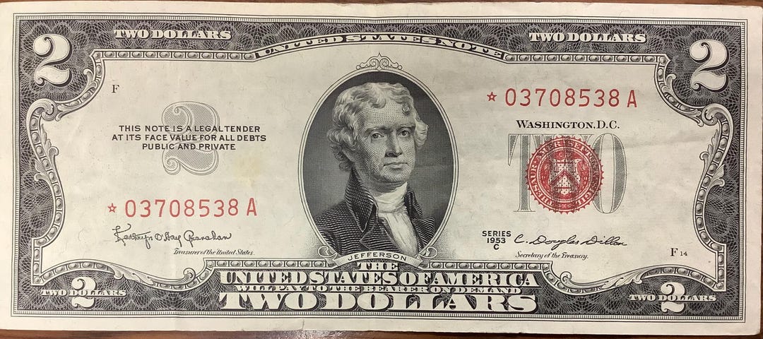 Series of 1953 C Star Replacement Note Two (2) Dollar Red Seal United ...