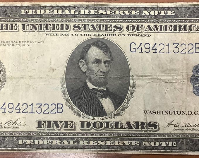 Series of 1914 United States Five (5) Dollar Large Size Blue Seal ...