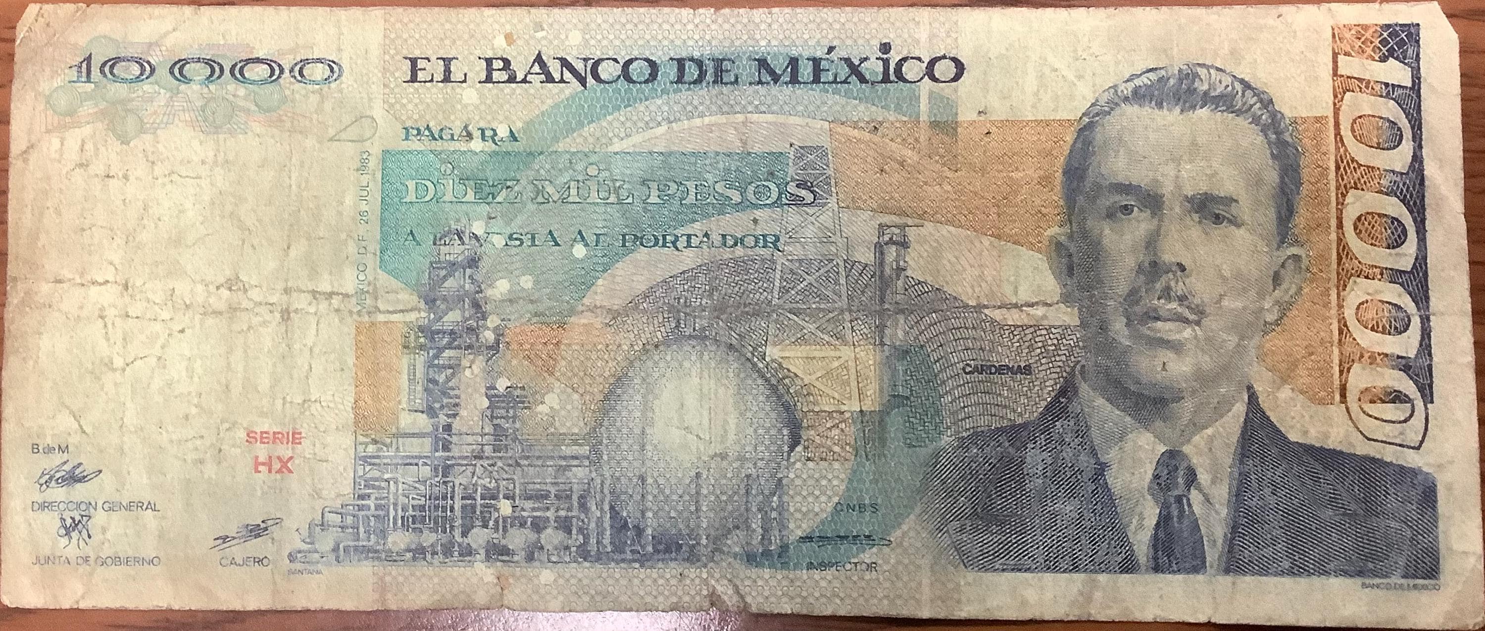 Banco De Mexico 10000 Pesos Cardenas Rare Early High Denomination ...