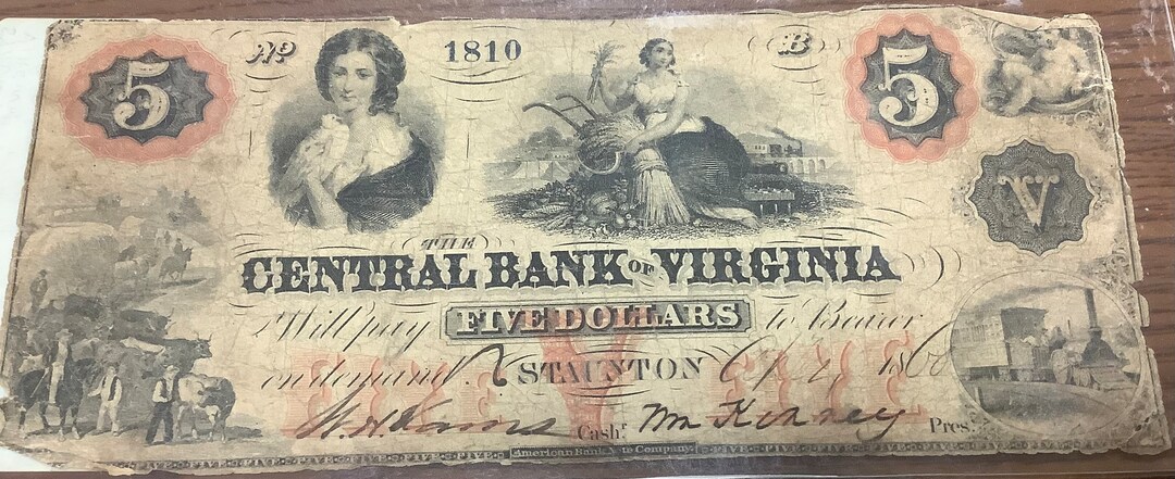Civil War Era 1860 Central Bank of Virginia Treasury Note 5 Dollar ...