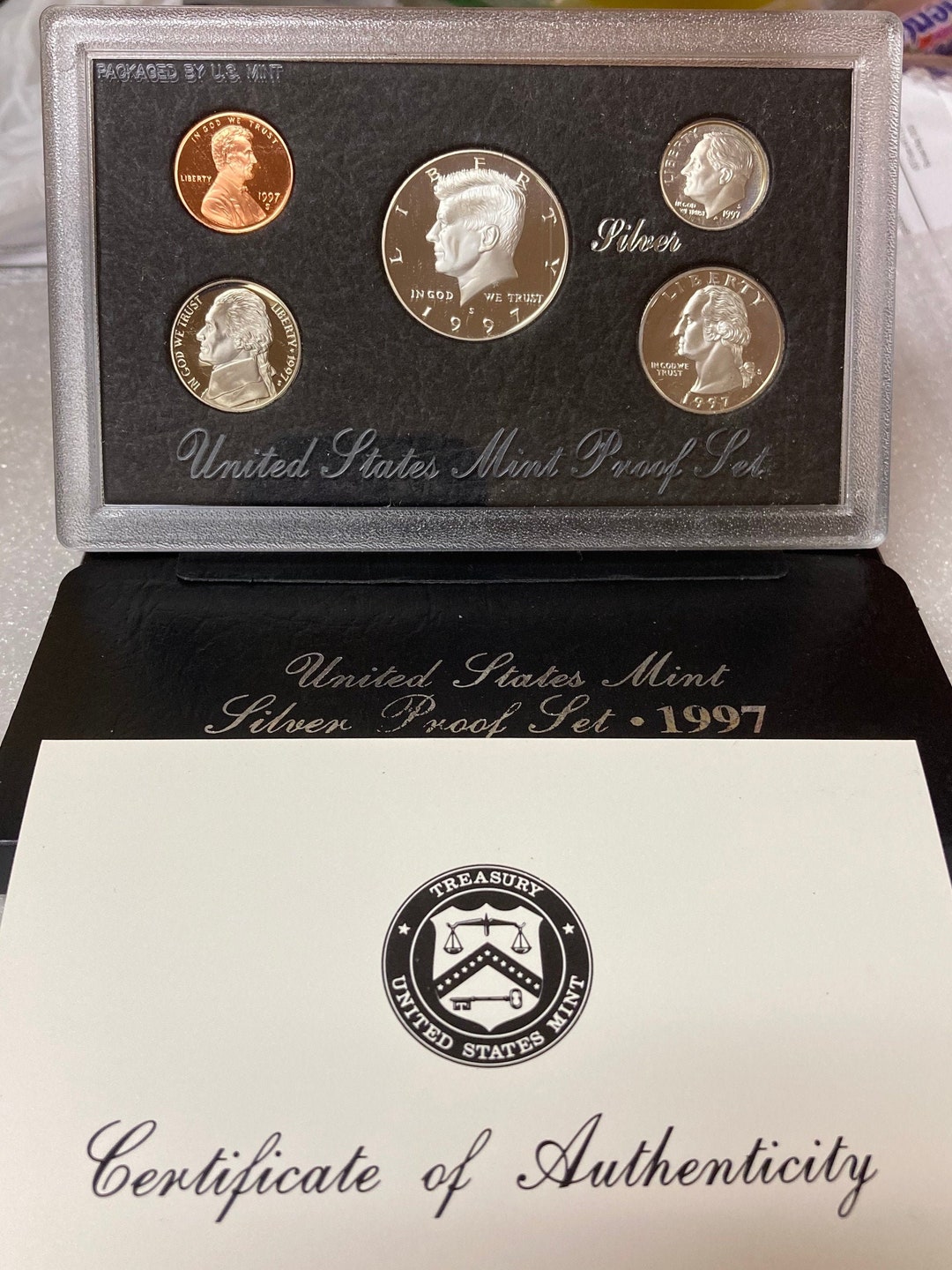 1997 S US Mint Silver Proof Set Original Box & COA 5 Coin Set W/90% Silver Kennedy Half- Quarter ...