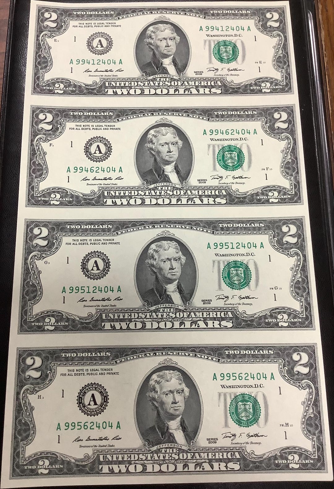 Uncut Sheet of 4 Consecutive Serial Number Series 2009 Two (2) Dollar ...