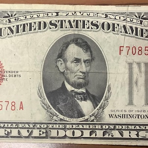 Red Seal Series 1928 C Five (5) Dollar United States Note in Circulated ...