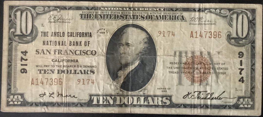 Series of 1929 Ten (10)dollar National Currency Note the Anglo ...