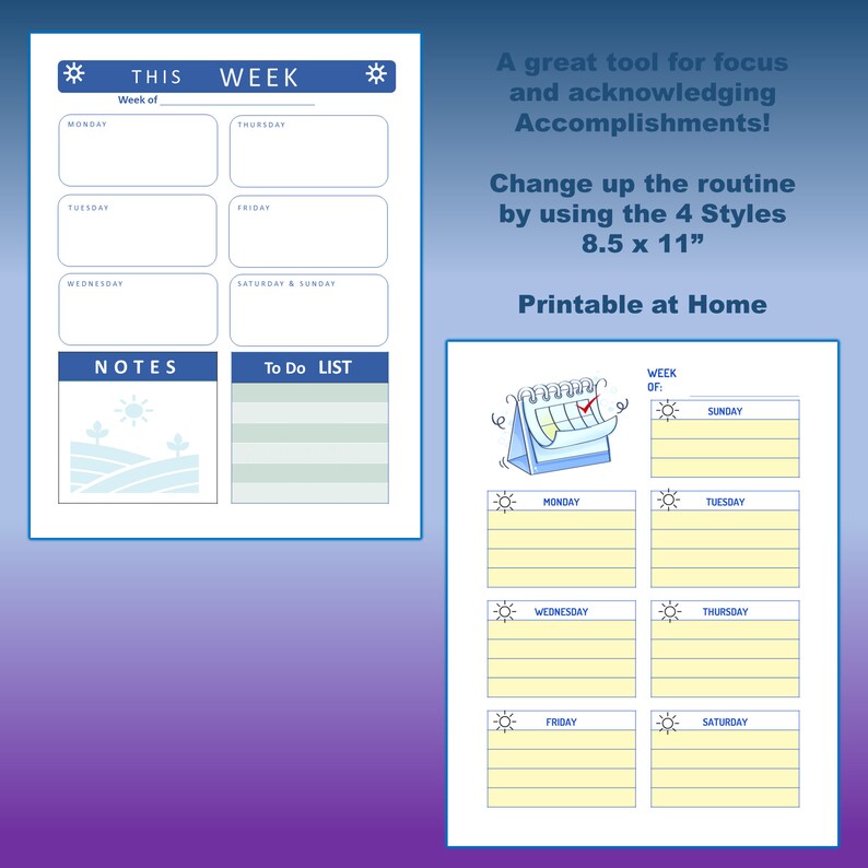 Week-at-a-glance Sheet | 4 Styles | Shades of Teel | Printable | 8.5x11 ...