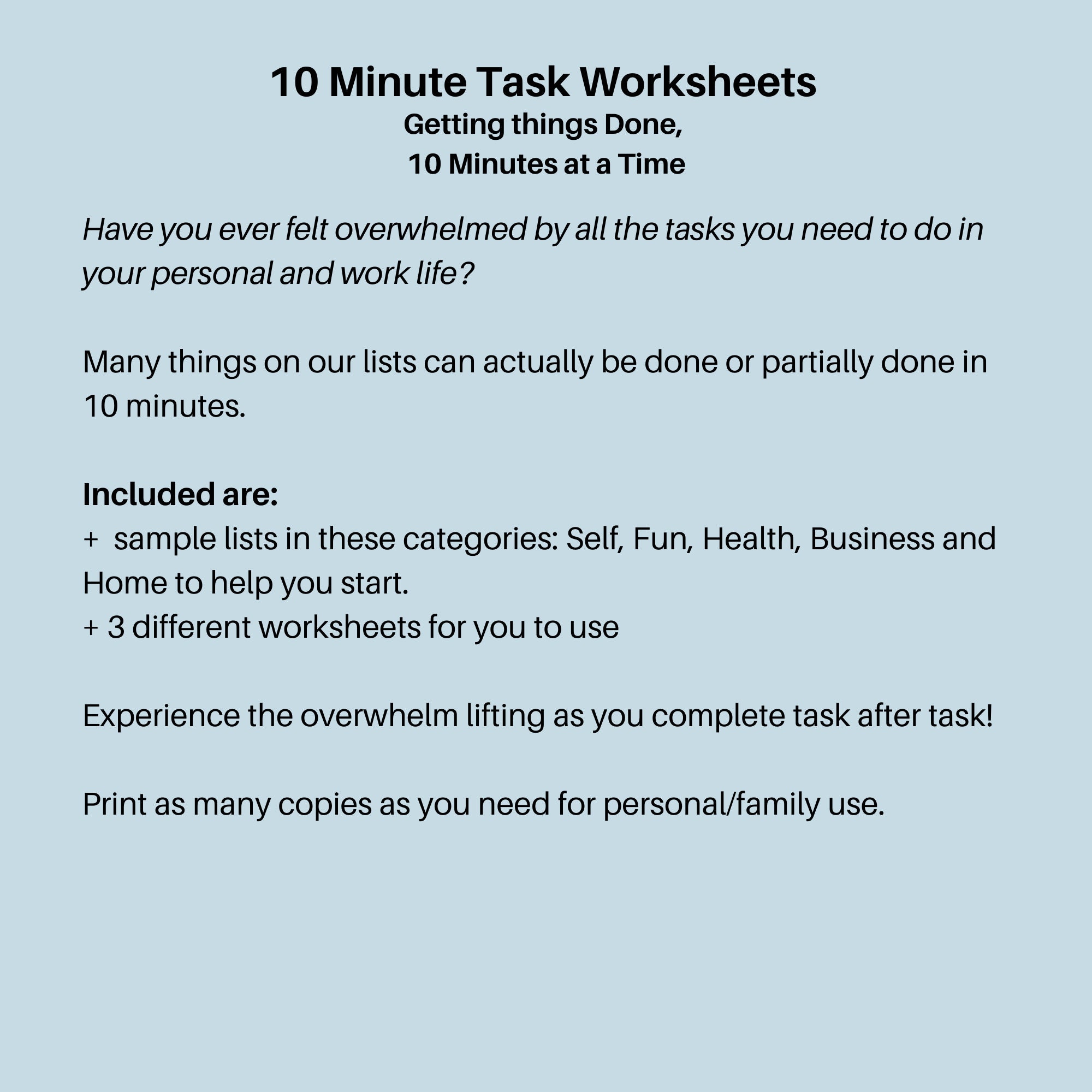 10 Minute Task Worksheets | Printables | 8.5x11" | Print at Home | Time ...